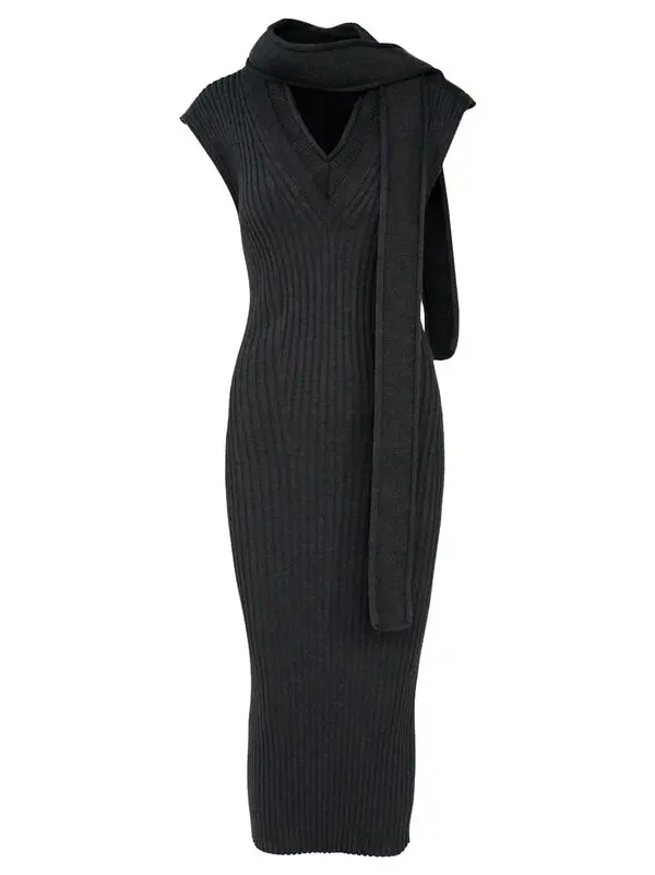 AISLING CAMPS Scarf-neck Rib Knit Midi Dress - Grey