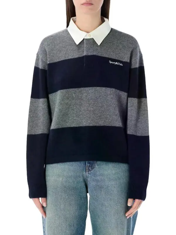SPORTY & RICH Logo-embroidered Striped Polo Collar - Grey