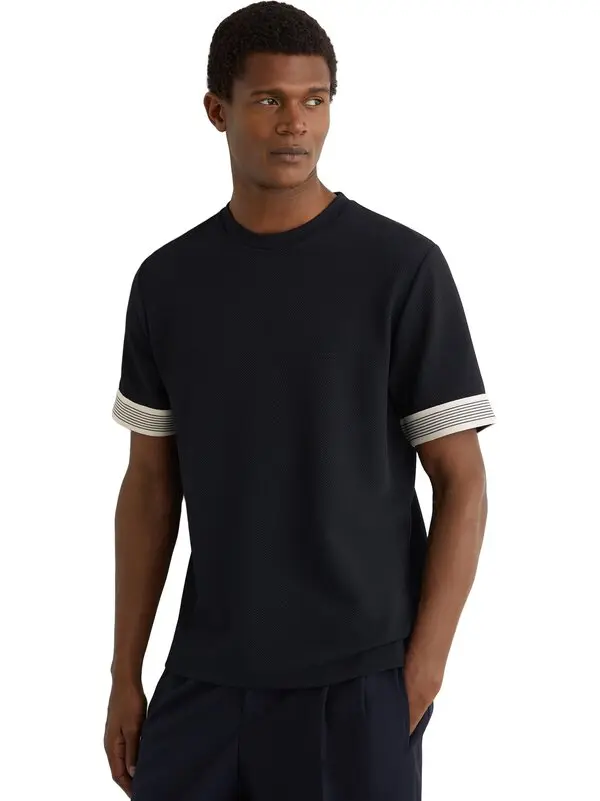 REISS Aries Textured Tape-cuff Modern-fit T-shirt - Navy