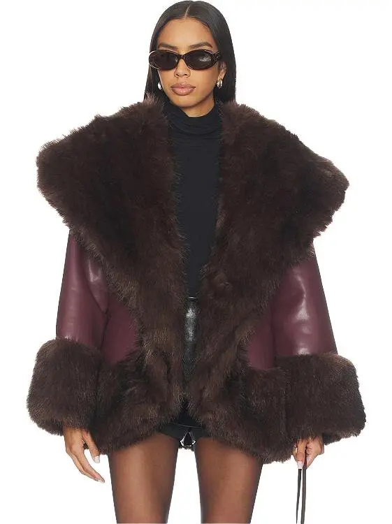WeWoreWhat Cocoon Faux Fur Jacket - Burgundy & Dark Brown