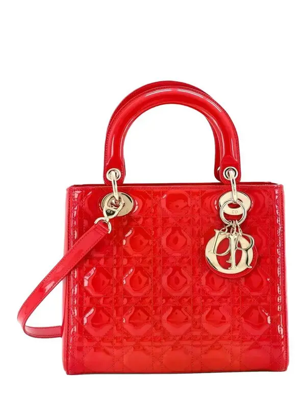 Dior Lady Medium Satchel Cannage Quilt Patent - Red