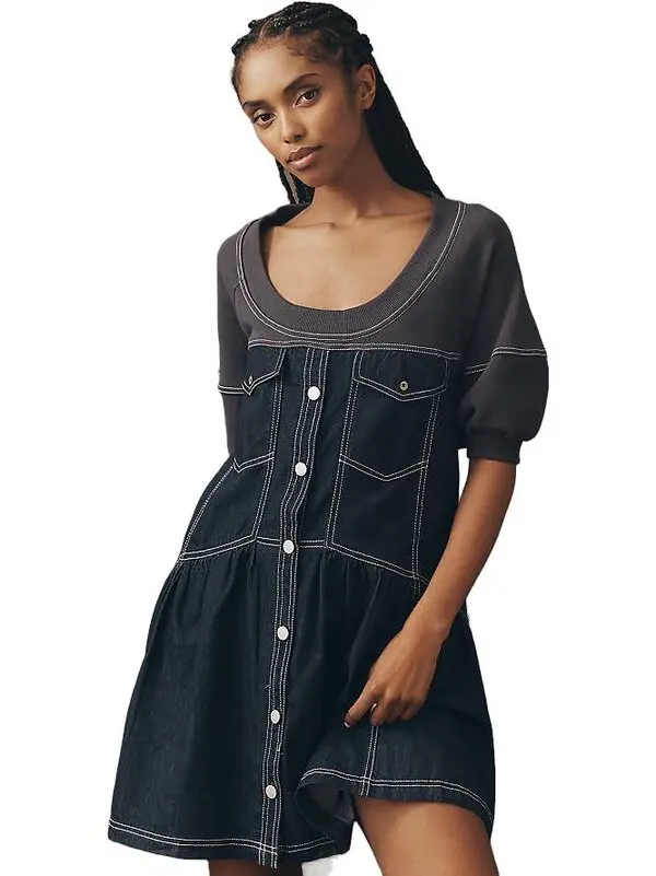 PILCRO Denim Sweatshirt Twofer Swing Dress - Navy