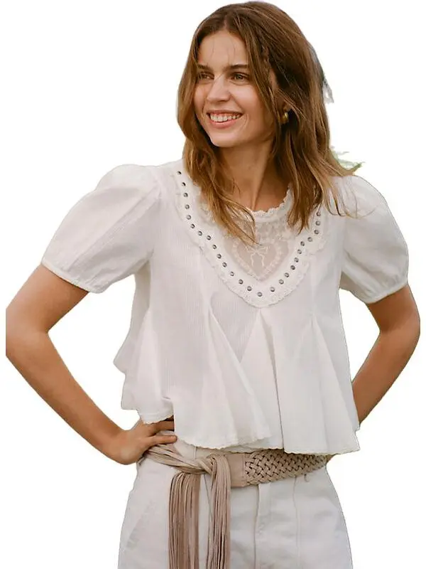 Maeve Puff-sleeve Studded Placket Blouse - Ivory