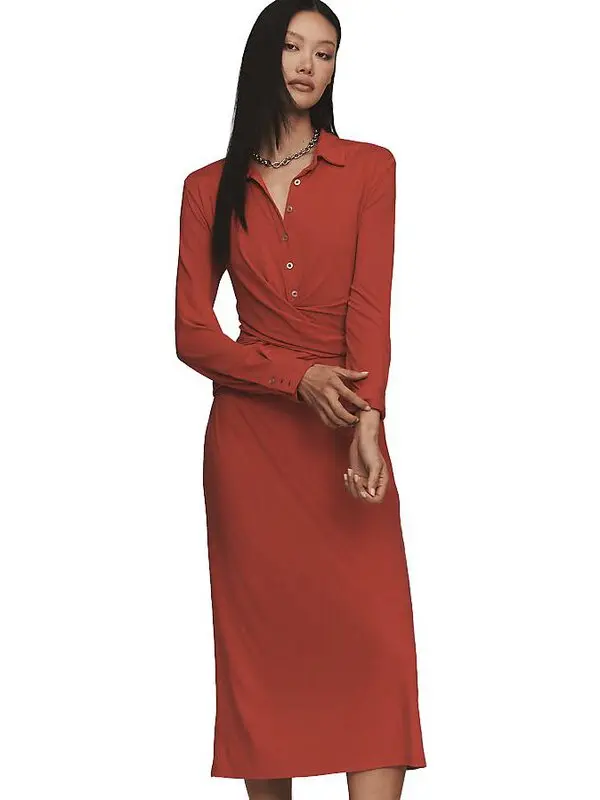 Anthropologie Draped Long-sleeve Midi Shirt Dress - Barbados Cherry