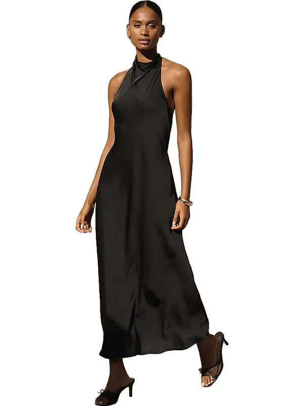 Maeve Halterneck Open Back Midi Dress - Black Onyx