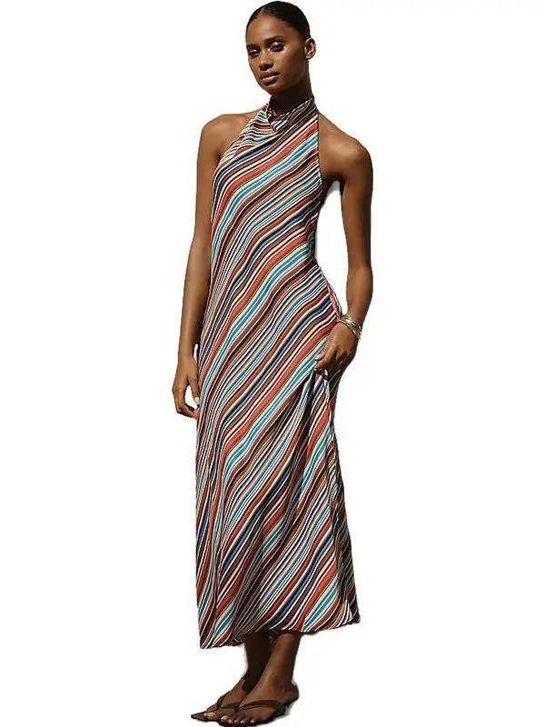 Maeve Halterneck Open Back Midi Dress - Brown Stripe