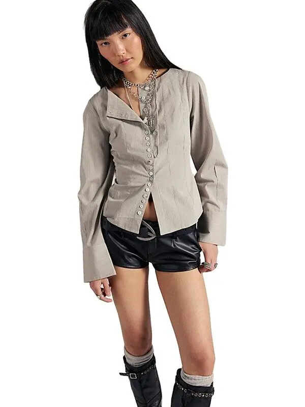 Free People Madison Button-down Blouse - Taupe Combo