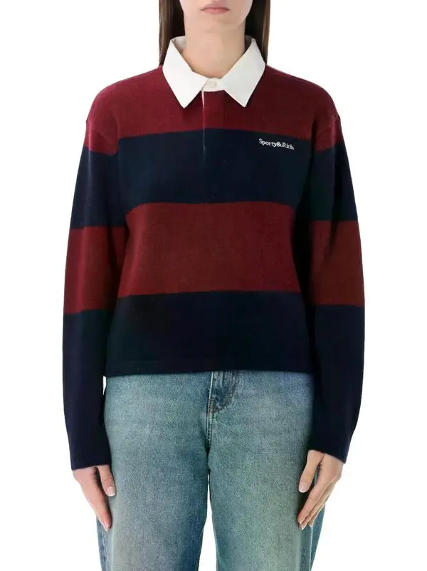 SPORTY & RICH Striped Logo Polo Top - Red
