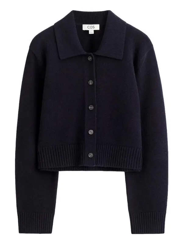 Cos Collared Merino Wool Cardigan - Navy
