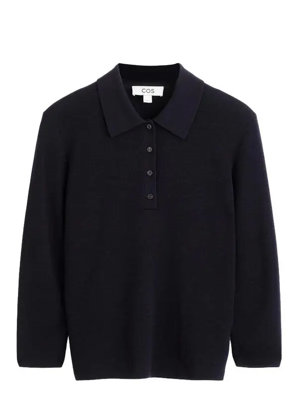 Cos Cropped-sleeve Merino Wool Polo Shirt - Navy