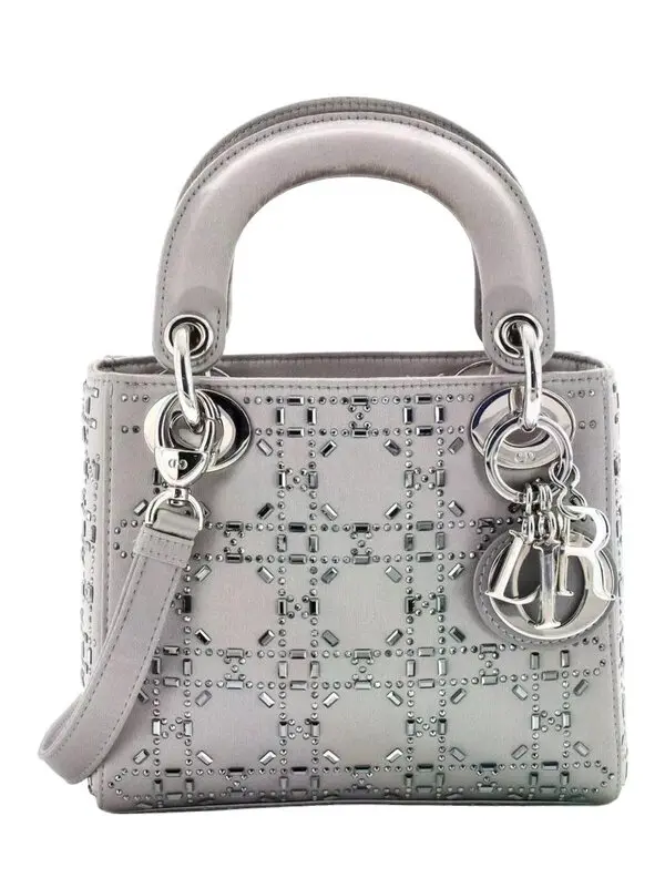 Dior Lady Mini Satchel Crystal Embellished Cannage Quilt - Grey