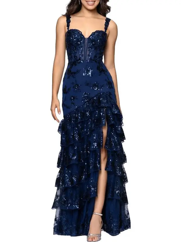 BLONDIE NITES Sequin Embroidered Tiered Tulle Gown - Navy