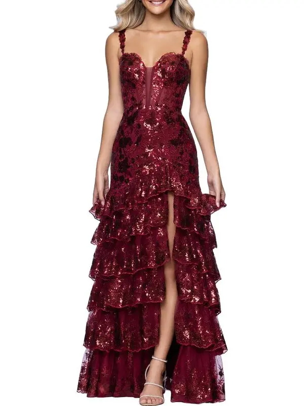 BLONDIE NITES Sequin Embroidered Tiered Tulle Gown - Wine