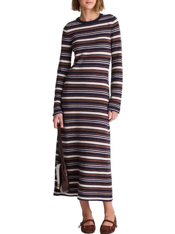 Madewell Crewneck Long Sleeve Merino Wool Sweater Maxi Dress - Brown Multi Stripe