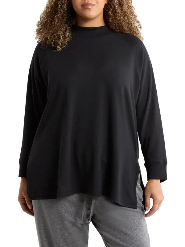 Eileen Fisher Mock Neck Terry Tunic Top - Black