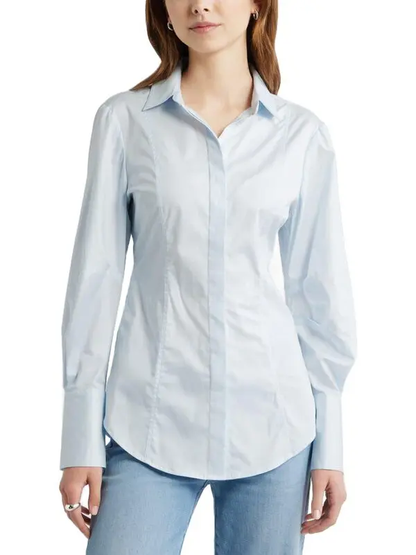 OPEN EDIT Seam Detail Split Back Stretch Cotton Poplin Shirt - Blue Breeze