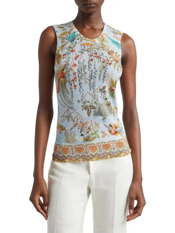 Etro Flora And Fauna Silk And Cashmere Sweater Tank - Multicolour On Pale Blue Base