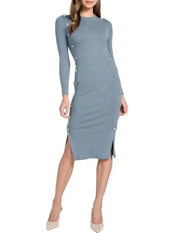 Guess Ribbed Long Sleeve Sweater Dress - Blue