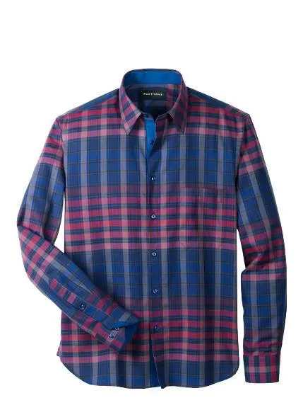PAUL FREDRICK Slim Fit Cotton Plaid Point Collar Casual Shirt - Blue/burgundy