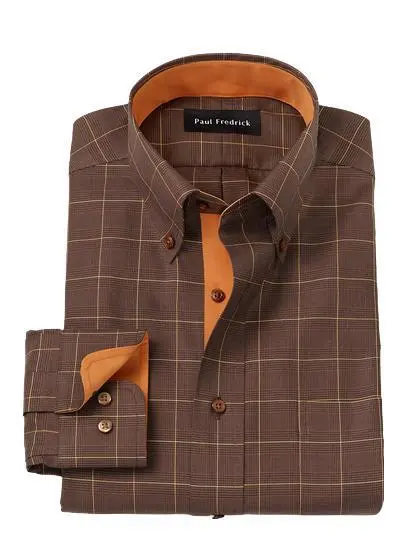 PAUL FREDRICK Comfort Stretch Non-iron Windowpane Dress Shirt With Contrast Trim - Brown/orange