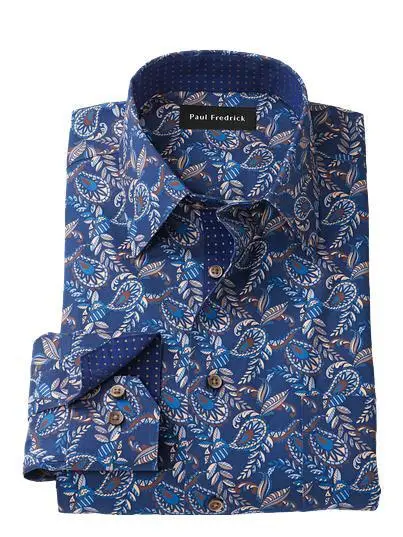 PAUL FREDRICK Tailored Fit Comfort Stretch Non-iron Paisley Dress Shirt With Contrast Trim - Navy Multi