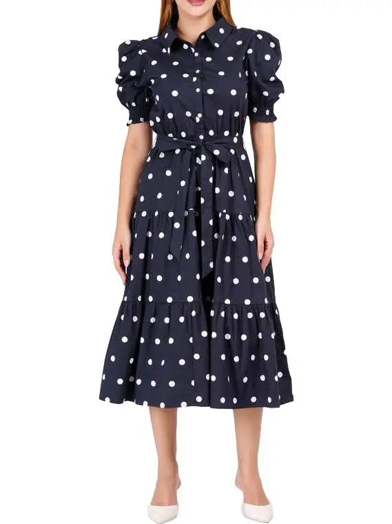 Leota Octavia Puff Sleeve Shirt Midi Dress - Small Polka Black White