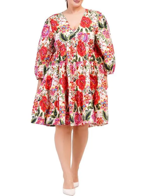 Leota Zariah Empire Waist Mini Dress - Crown Floral Flame Scarlet