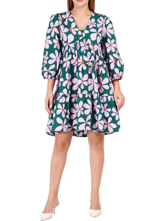 Leota Zariah Empire Waist Mini Dress - Dancing Daisies Evergreen