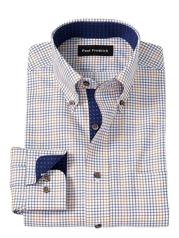 PAUL FREDRICK Tailored Fit Comfort Stretch Non-iron Tattersall Dress Shirt With Contrast Trim - Navy/tan