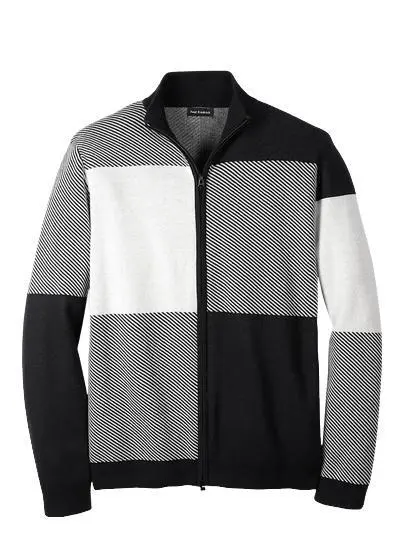 PAUL FREDRICK Cotton Full Zip Mock Neck Sweater - Black/white Glen Plaid