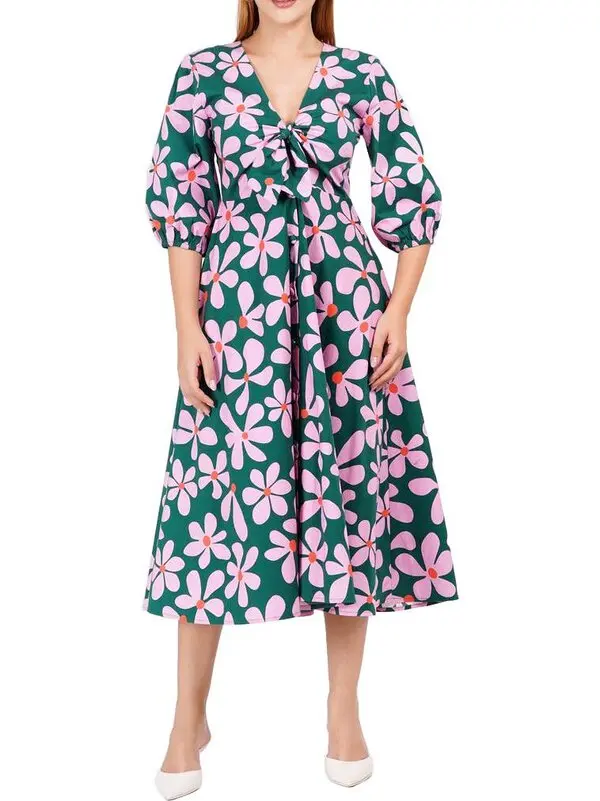 Leota Adriana Tie-front Midi Dress - Dancing Daisies Evergreen
