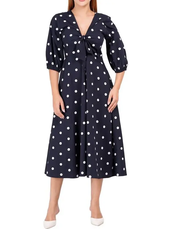 Leota Adriana Tie-front Midi Dress - Small Polka Black White