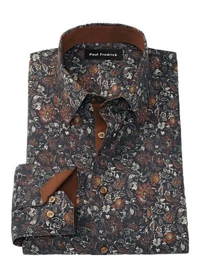 PAUL FREDRICK Tailored Fit Comfort Stretch Non-iron Floral Dress Shirt With Contrast Trim - Brown Multi