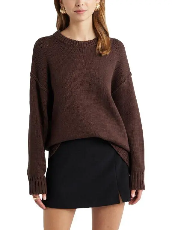 OPEN EDIT Oversized Crewneck Cotton Sweater - Brown Seal