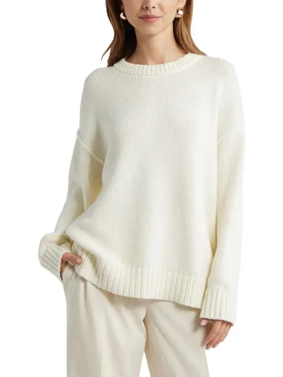 OPEN EDIT Oversized Crewneck Cotton Sweater - Ivory