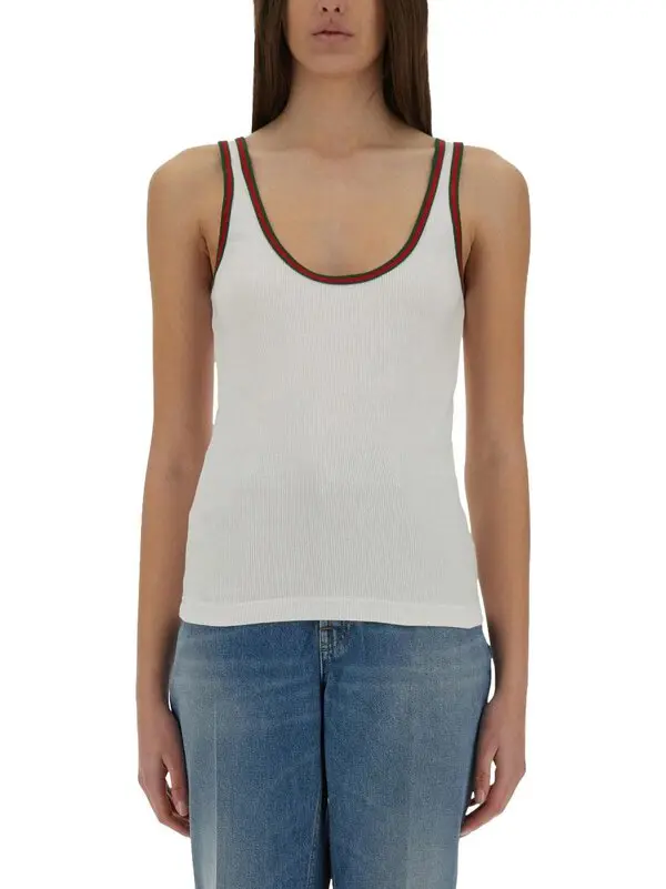 Gucci Ribbed Cotton Tank Top With Web - White