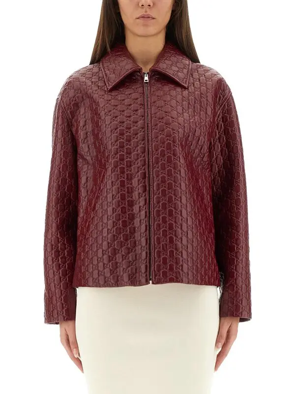 Gucci Oversized Embossed Gg Leather Jacket - Bordeaux