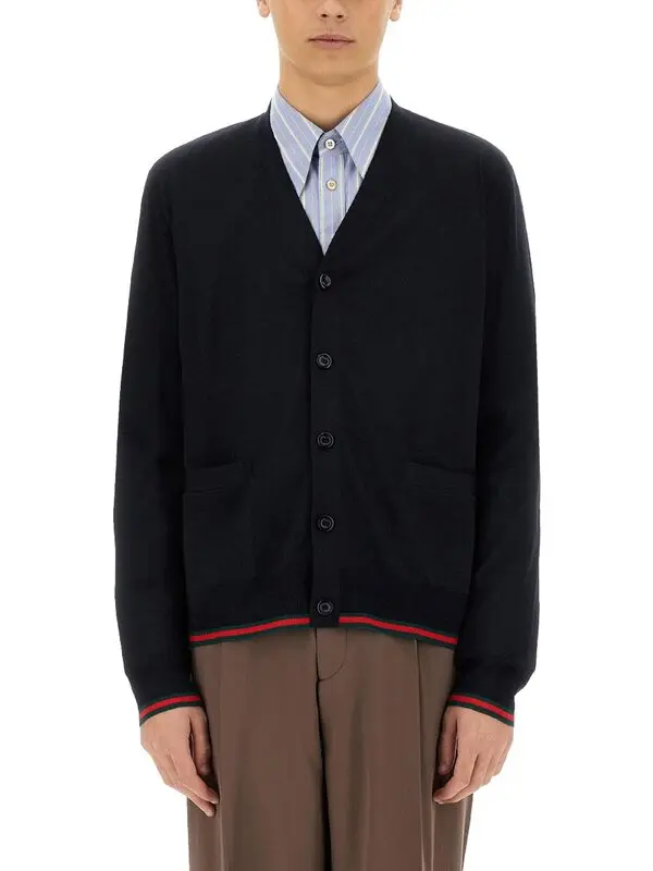 Gucci Knitted Wool Cardigan With Web Pattern - Black