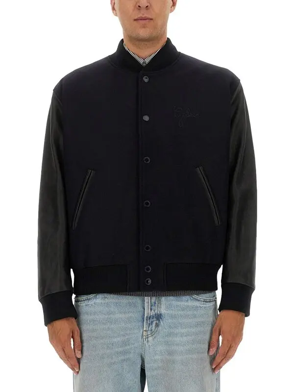 Golden Goose Wool Bomber Jacket With Leather Sleeves - Blue
