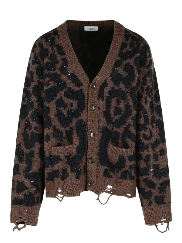 LANEUS Leopard Jacquard Merino Wool Cardigan - Brown