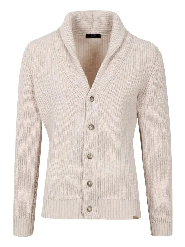 FAY Wool Knit Shawl Collar Sweater - Ivory
