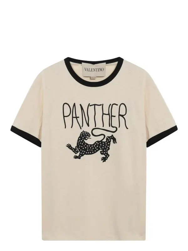 Valentino Garavani Butter Colored T Shirt With Panther Print - Beige