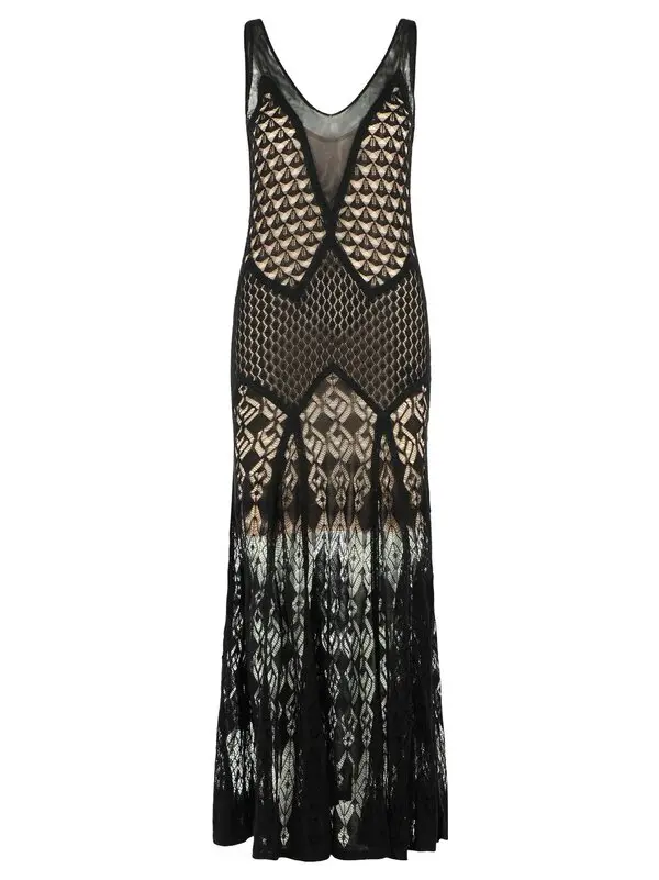 Blumarine Long Dress In Worked Cotton - Black