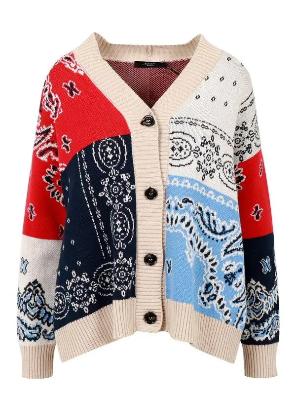 Max Mara Jacquard Block Design Cardigan - Beige+rosso+blu Navy
