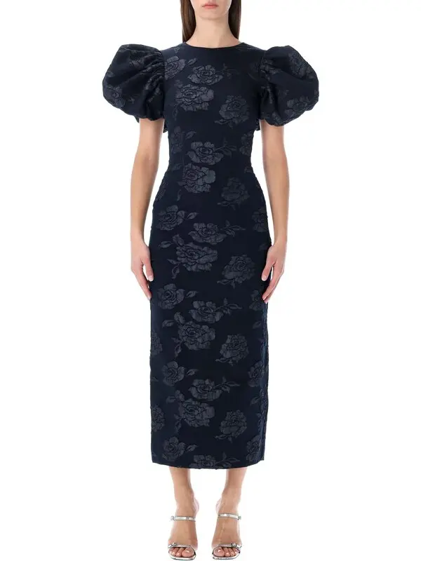 Remain Birger Christensen Jacquard Puff Sleeve Midi Dress - Blue