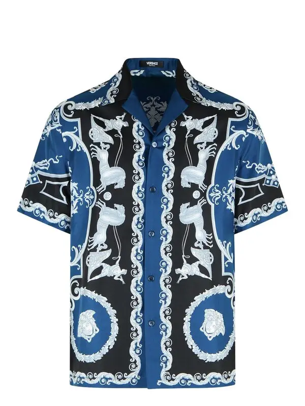 Versace Regular Shirt In Black And Printed Silk Twill - Blue