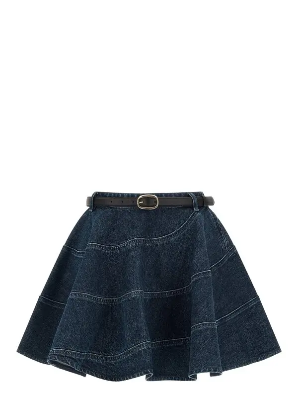 SELF-PORTRAIT Flared Denim Mini Skirt - Blue