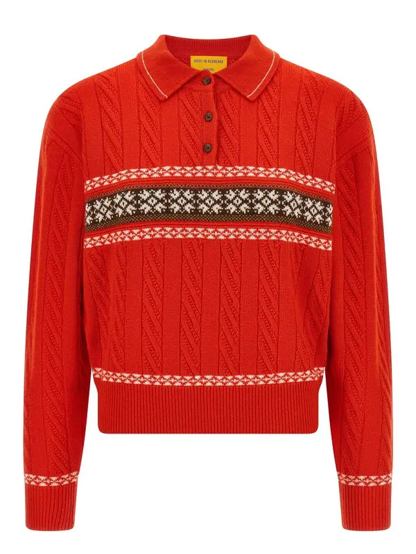 Guest In Residence Cable Collegiate Polo Sweater - Red