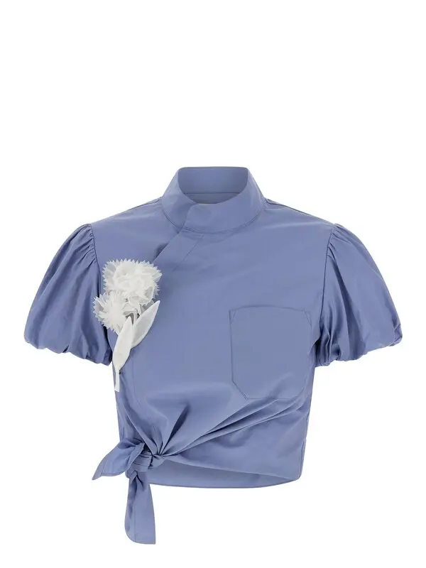 SELF-PORTRAIT Cotton Tie Side Top - Light Blue