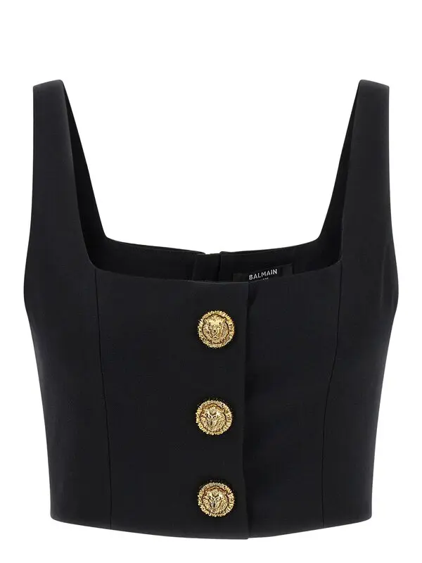 Balmain Cropped Wool Button Top - Black
